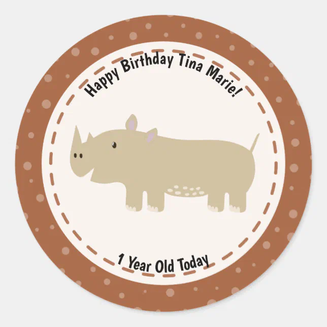 Happy Birthday Rhinoceros Rhino Zoo Animals Classic Round Sticker | Zazzle