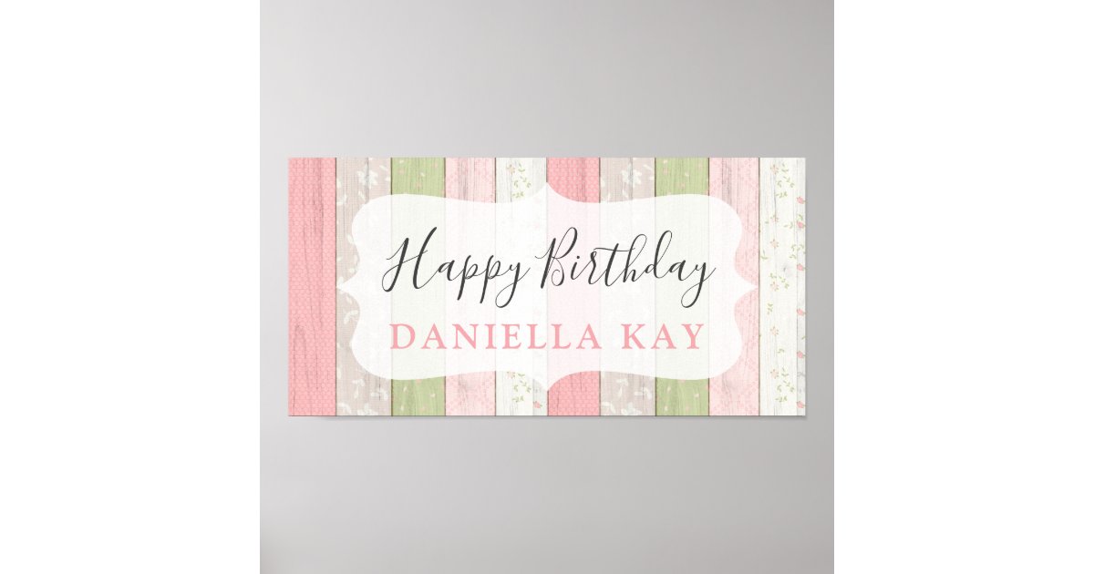 Happy Birthday Rustic Sage Green Pink Floral Wood Poster | Zazzle