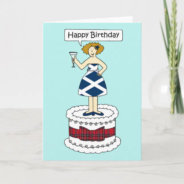 Happy Birthday Scottish Flag Dress and Tartan Bow Card | Zazzle