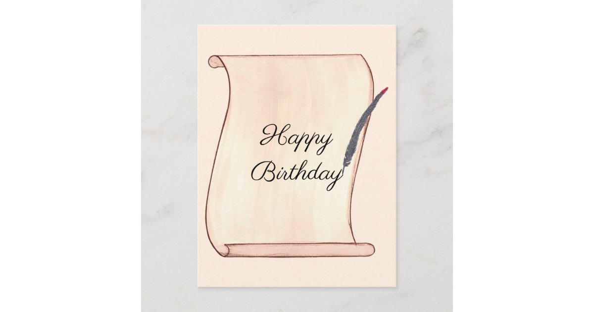Happy Birthday Scroll and Quill Postcards | Zazzle