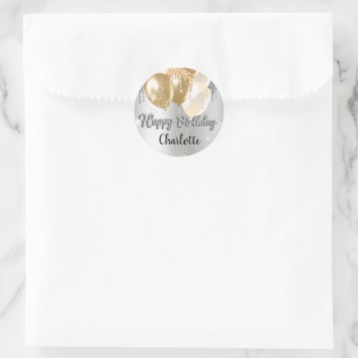 Happy Birthday silver gold glitter drips balloons Classic Round Sticker ...