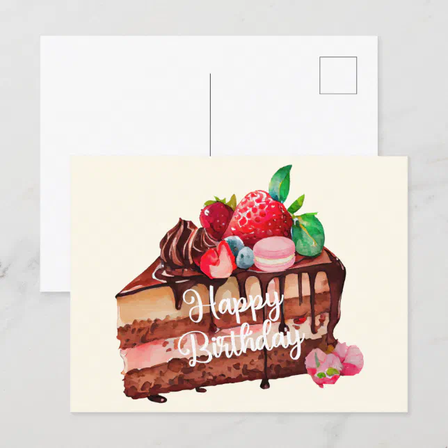 Happy Birthday Slice of Strawberry Chocolate Cake Postcard | Zazzle