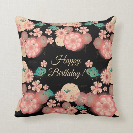 Happy Birthday Spring Peach Flower Garden Monogram Throw Pillow ...