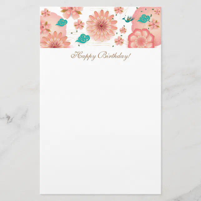 Happy Birthday - Spring Peach Flowers Garden Decor Stationery | Zazzle