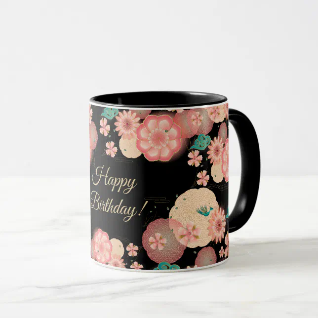 Happy Birthday Spring Peach Flowers Garden Pattern Mug | Zazzle