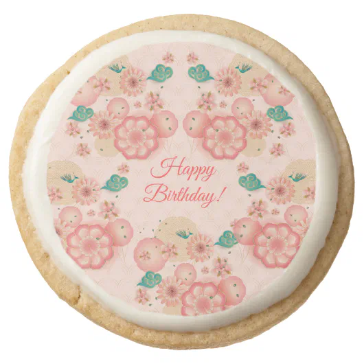 Happy Birthday - Spring Peach Flowers Garden Round Shortbread Cookie ...
