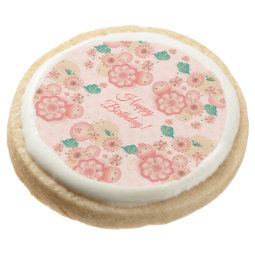 Happy Birthday - Spring Peach Flowers Garden Round Shortbread Cookie ...