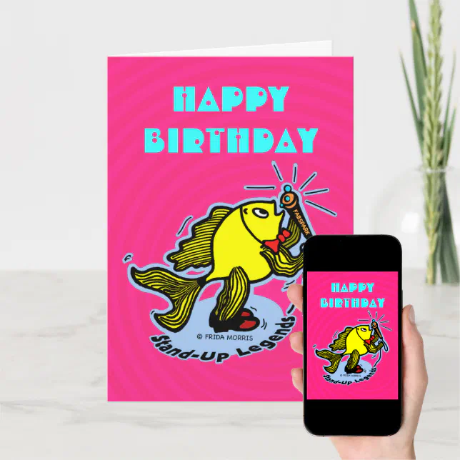 Happy Birthday Stand-Up Fish funny Pink Card | Zazzle