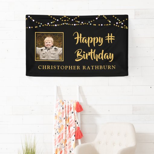 Happy Birthday String Lights Photo Black Gold Banner | Zazzle