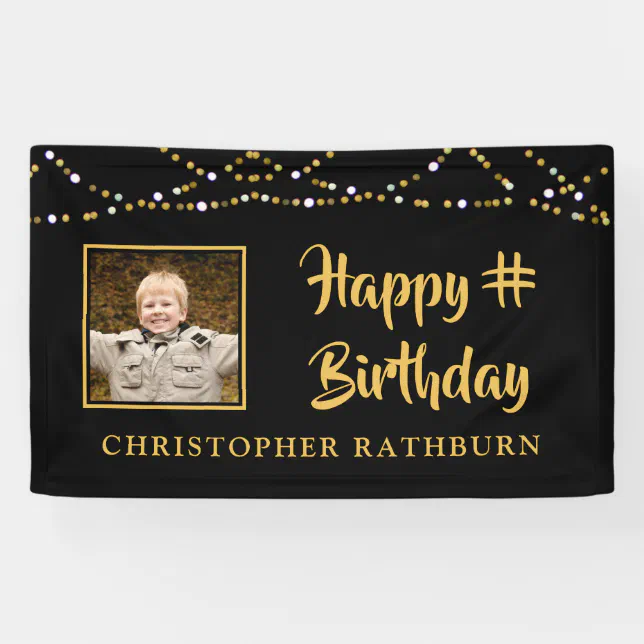 Happy Birthday String Lights Photo Black Gold Banner | Zazzle
