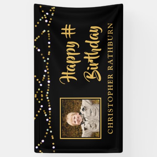 Happy Birthday String Lights Photo Black Gold Banner | Zazzle