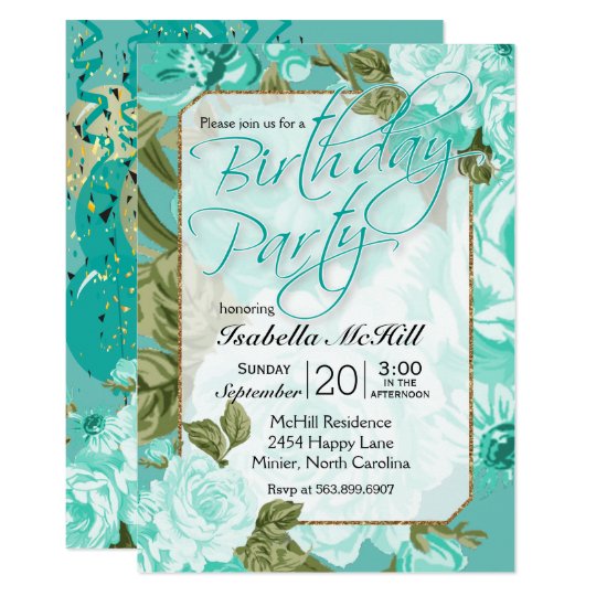 Happy BIrthday - Teal Floral Design Invitation | Zazzle.com