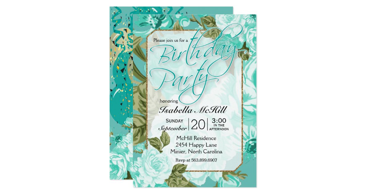 Happy BIrthday - Teal Floral Design Invitation | Zazzle.com