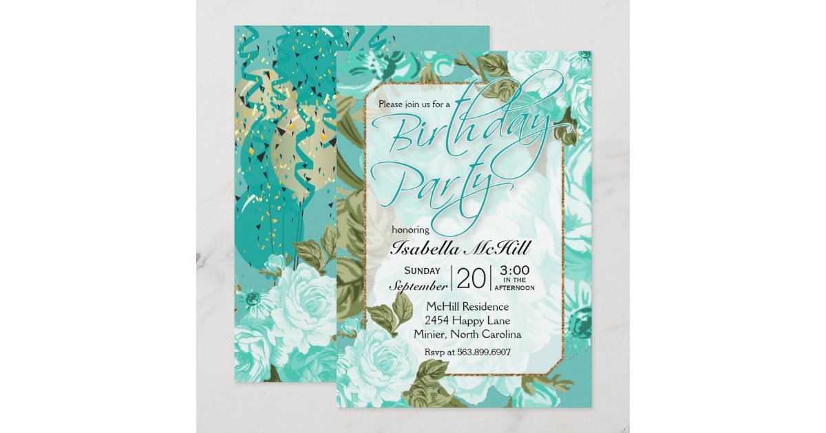 Happy BIrthday - Teal Floral Design Invitation | Zazzle