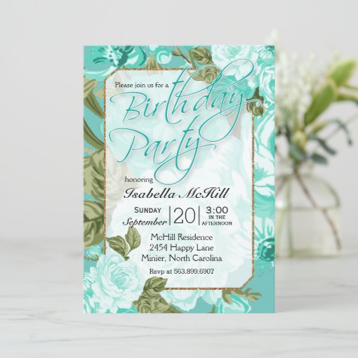 Happy BIrthday - Teal Floral Design Invitation | Zazzle