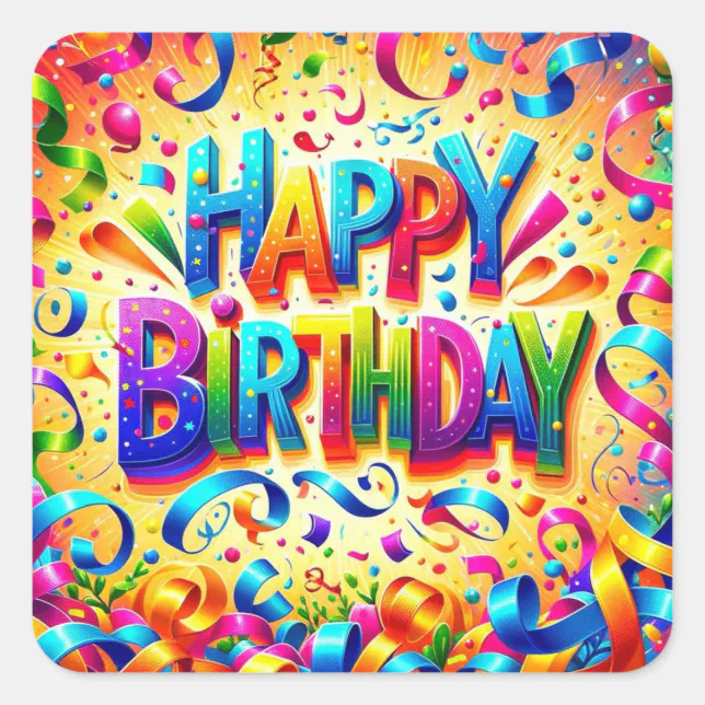 Happy Birthday Text Square Sticker | Zazzle