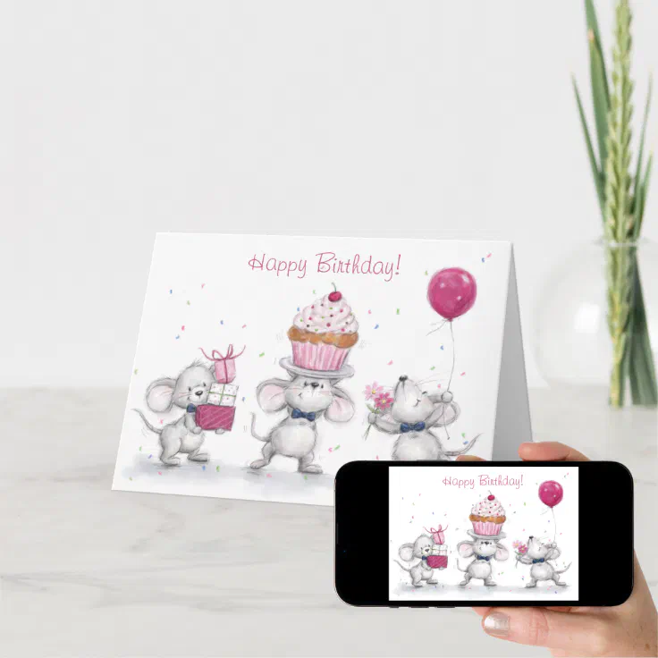 Happy Birthday, Three Cute Mice Celebrating Card | Zazzle