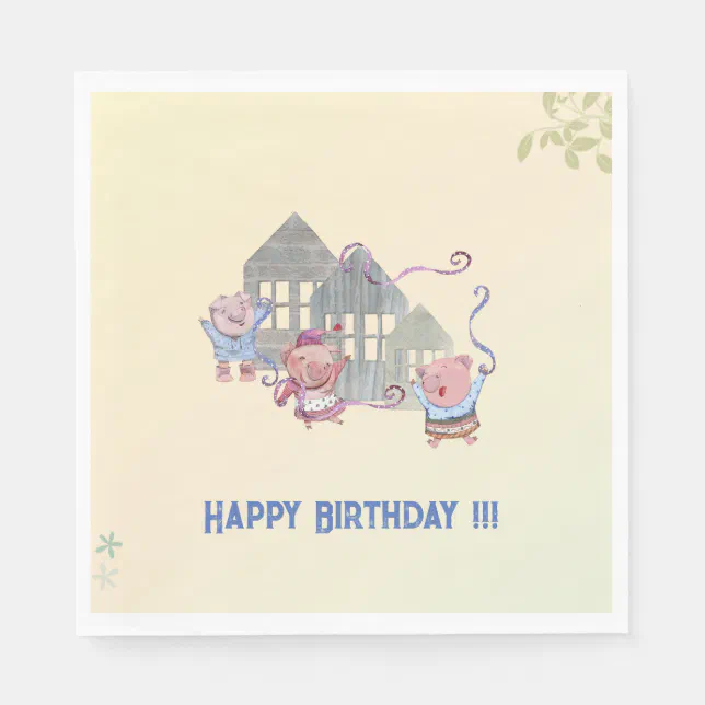 Happy Birthday Three Little Pigs Celebrating Napkins | Zazzle