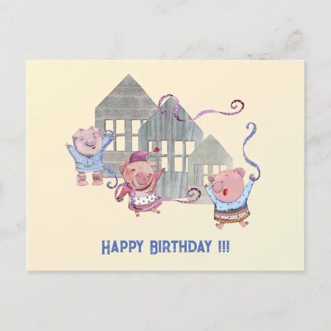 Happy Birthday Three Little Pigs Celebrating Postcard | Zazzle