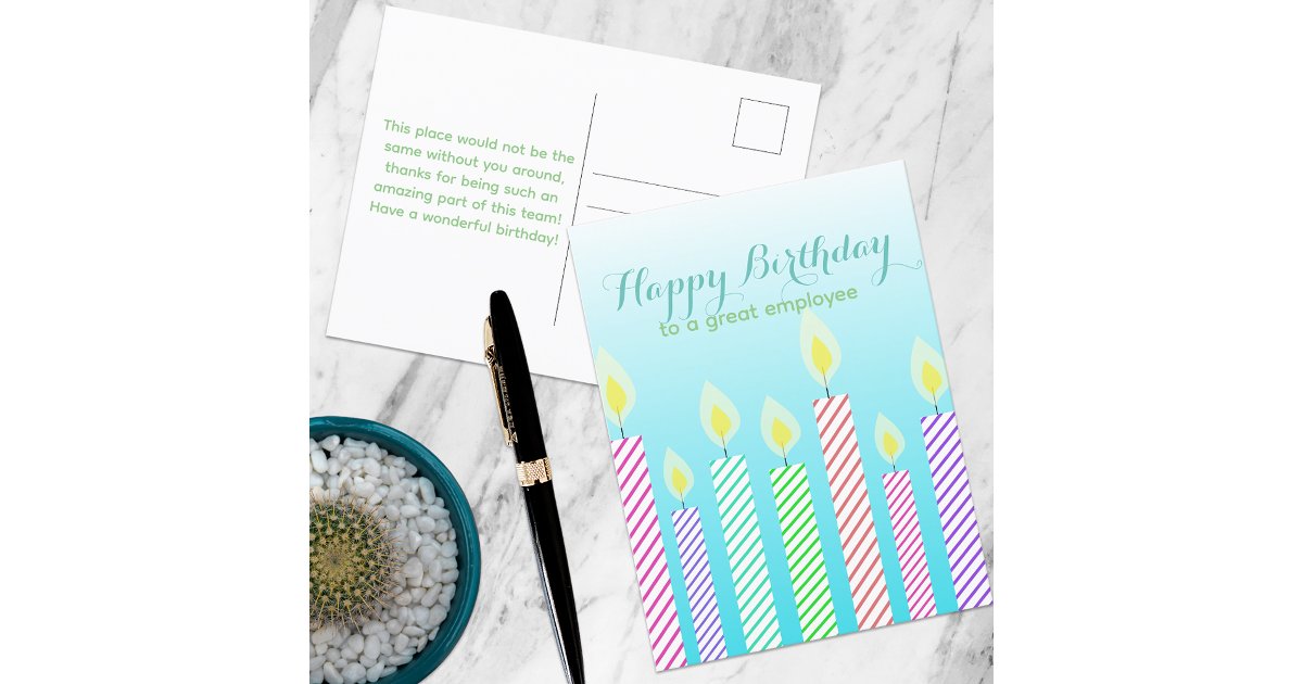 Happy Birthday To A Great Employee Striped Candles Postcard | Zazzle
