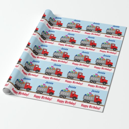 Happy Birthday Truck Load of Gifts Boys Name Age Wrapping Paper | Zazzle
