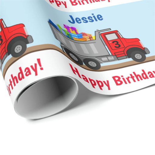 Happy Birthday Truck Load of Gifts Boys Name Age Wrapping Paper | Zazzle