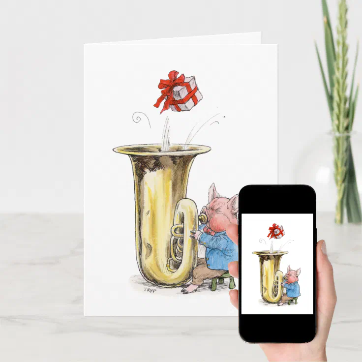 Happy Birthday tuba-blowing pig card | Zazzle