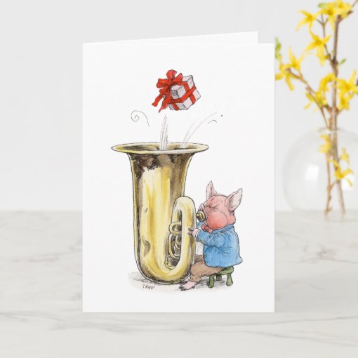 Happy Birthday tuba-blowing pig card | Zazzle