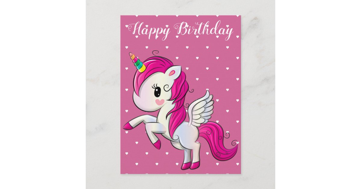 Happy birthday, unicorn and hearts, custom postcard | Zazzle