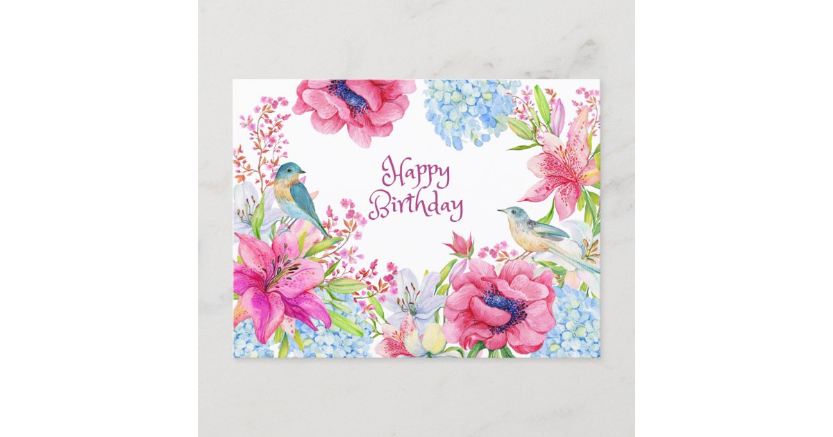 Happy Birthday Vibrant Watercolor Flowers & Birds Postcard | Zazzle