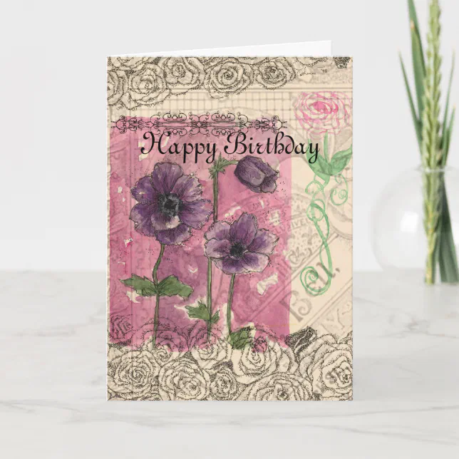 Happy Birthday Victorian Flower Collage Art Card | Zazzle