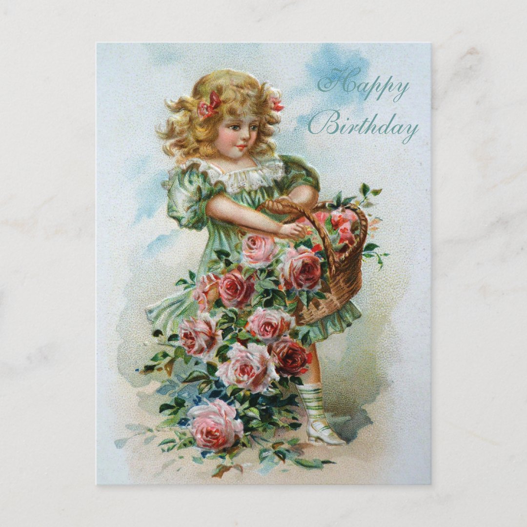 Happy Birthday Victorian Post Card Pink Roses | Zazzle