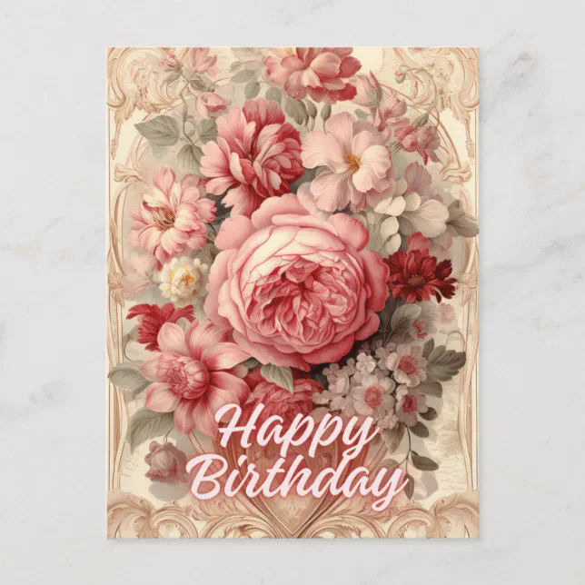 Happy Birthday Victorian Roses Illustration Postcard | Zazzle