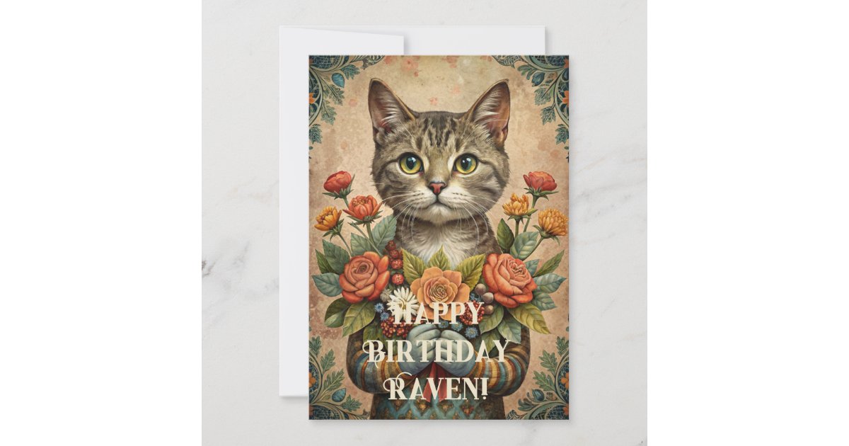 Happy birthday vintage cat holiday card | Zazzle