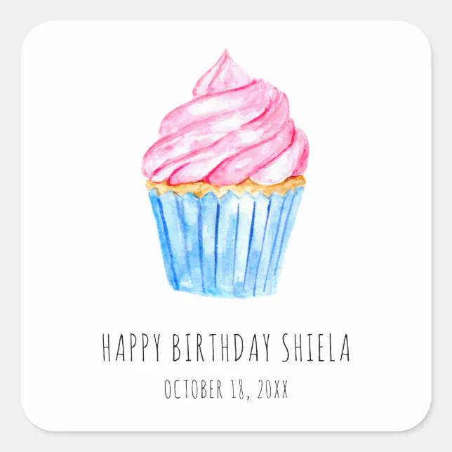 Happy Birthday Watercolor cupcake cute pink icing Square Sticker | Zazzle