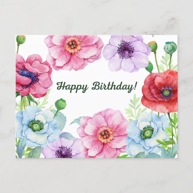 Happy Birthday Watercolor Poppy Flowers Postcard | Zazzle