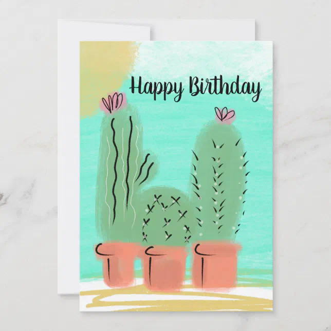 Happy Birthday Watercolor Sunny Day Cactus Pot Card | Zazzle