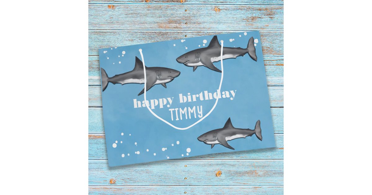 Happy Birthday Whimsical Blue Ocean Sharks Fun Large Gift Bag | Zazzle