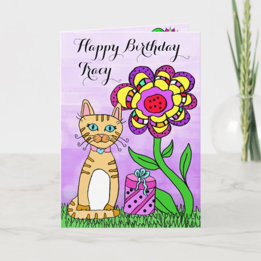 Happy Birthday Whimsical Cat and Flowers Card | Zazzle