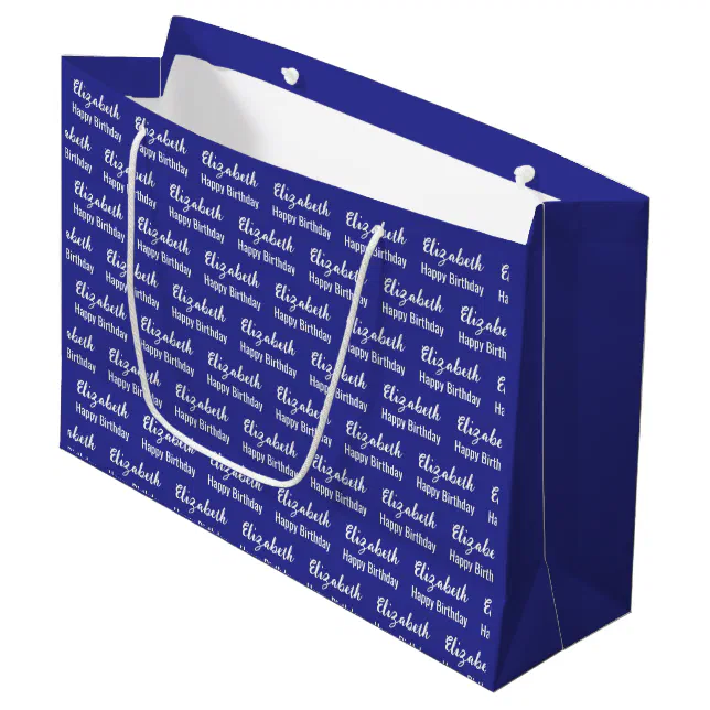 Happy Birthday White Script Name Blue Large Gift Bag | Zazzle