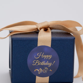 Happy Birthday with elegant blue and gold decor Classic Round Sticker ...