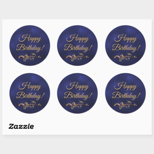 Happy Birthday with elegant blue and gold decor Classic Round Sticker ...