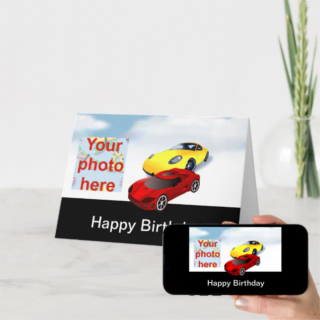 Happy birthday with yellow and red racing cars card | Zazzle
