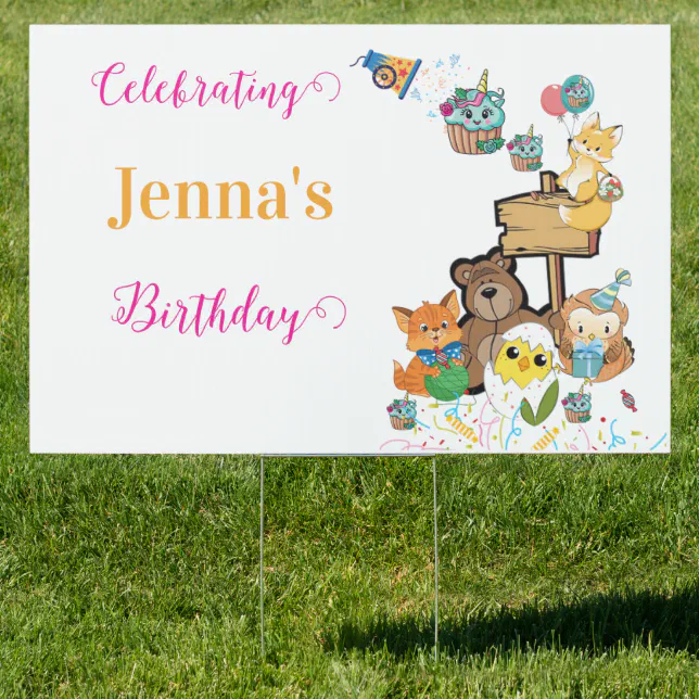 Happy Birthday Yard Sign Fox Teddy Bear Chicks | Zazzle