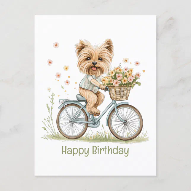 Happy Birthday Yorkie Dog Biking Spring Flowers Postcard | Zazzle