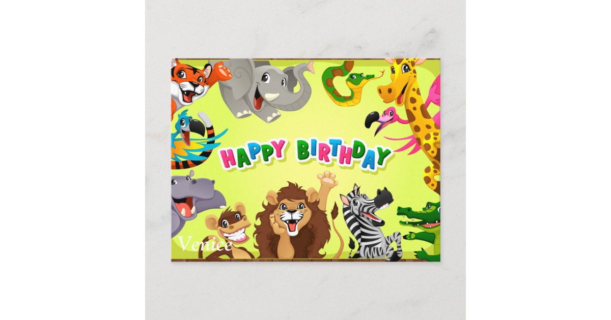 Happy birthday zoo animals postcard | Zazzle