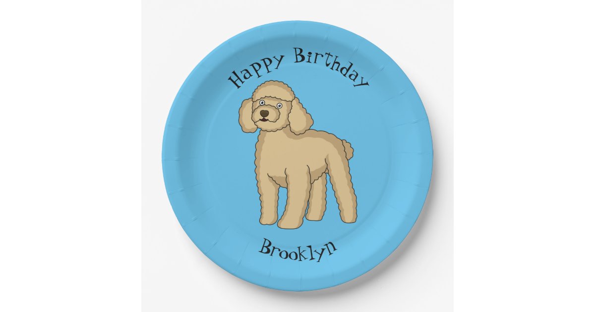 Happy brown poodle cartoon illustration paper plates | Zazzle