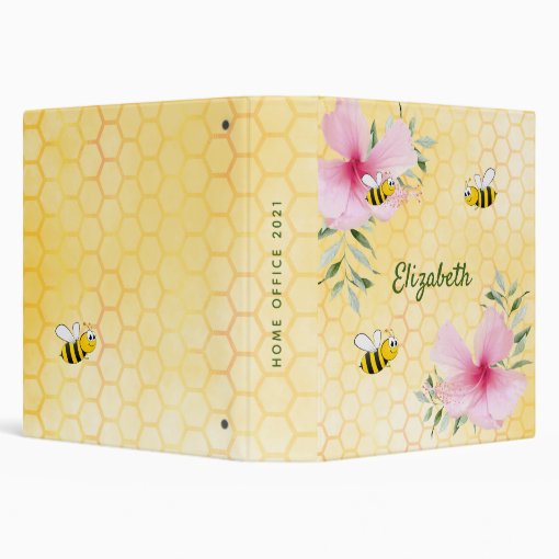 Happy bumble bees yellow honeycomb summer name 3 ring binder | Zazzle
