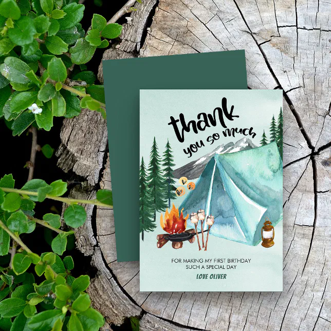 Happy Camper Camping Tent Birthday Thank You Card | Zazzle