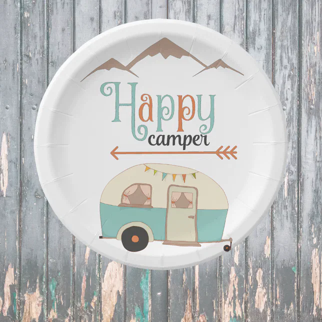 HAPPY CAMPER Cute Retro RV Paper Plates | Zazzle
